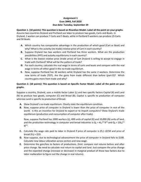 Assignment 1 Fall 2020 Assignment 1 Econ 3hh3 Fall 2020 Due Date Tuesday September 29
