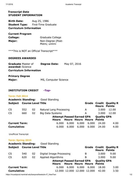 Academic Transcipt Pdf Postgraduate Education College Education