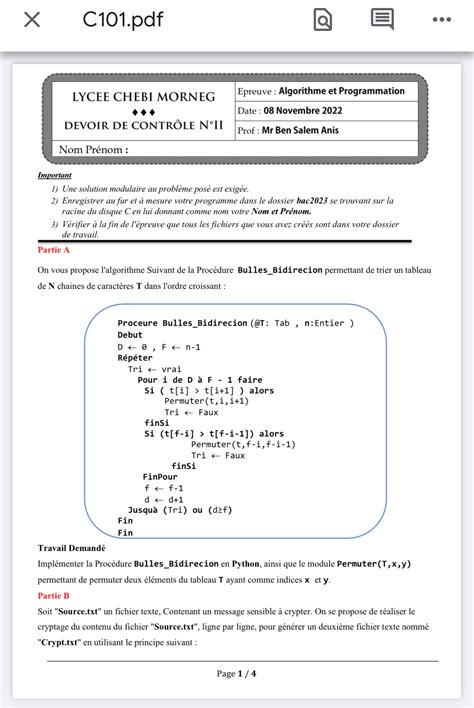 Devoir De Contrôle N1 Algorithme Et Prog Bac Info Avec Correction