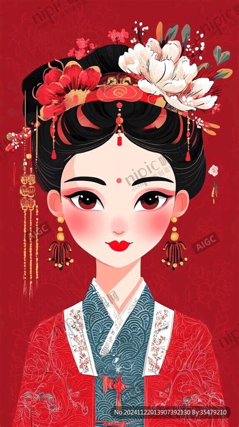 Ai创作图中式卡通新娘 花旦插画 卡通中式新娘 贵妃插画 双丫髻 卡通古装新娘 民族女孩原创插画 丫鬟髻少女 花钿 巧姐人物插画 宫廷系列人物插画 清宫美人插画 漫画中式新娘 手绘嫔妃 换装