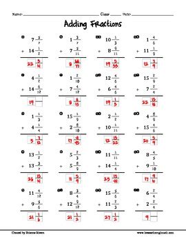 Adding Fractions Worksheets With Answer Key