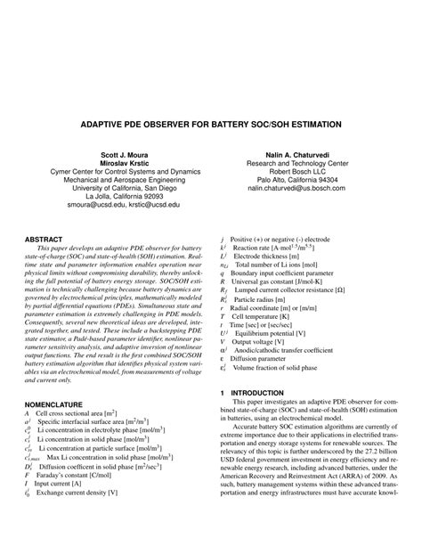 Pdf Adaptive Pde Observer For Battery Soc Soh Estimation
