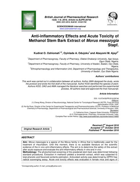 Pdf Anti Inflammatory Effects And Acute Toxicity Of Methanol Stem Bark Extract Of Morus