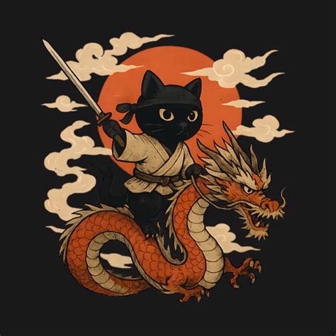 Vintage Japanese Samurai Cat Ninja Dragon Kawaii Anime Lover Cat T