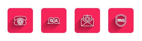 회선 전화 질문 및 답변 봉투 설정 및 긴 그림자가 있는 텍스트 Faq가 있는 방패를 설정합니다 빨간색 사각형 버튼입니다 벡터