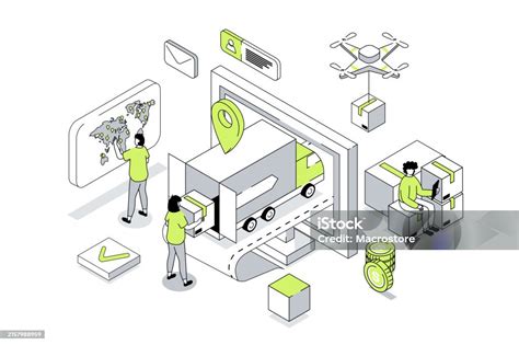 웹용 아웃라인 아이소메트리 디자인의 전 세계 배송 3d 아이소메트릭 개념 트럭 운송으로 글로벌 물류 회사를 이용하고화물 운송으로