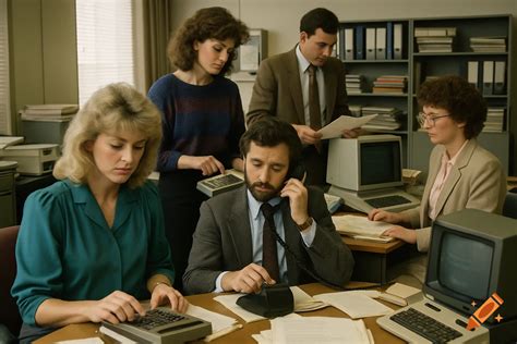 A Group Of People In A 1980s Office Using Vintage Computers And