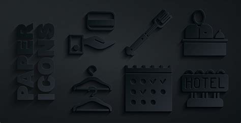 호텔 예약 달력 리셉션 데스크 옷걸이 옷장 텍스트가 있는 간판 포크 및 디지털 도어록 아이콘을 설정합니다 벡터 0명에 대한 스톡