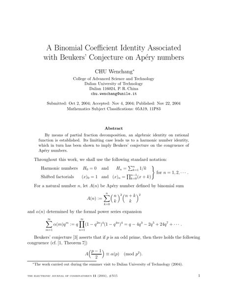 Pdf A Binomial Coecient Identity Associated With Beukers Conjecture On Ap Ery Numbers