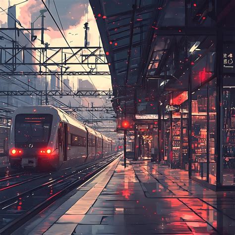Afternoon Glow At Train Station With Vibrant Shops Premium Ai