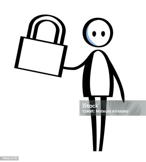 자물쇠를 들고 있는 남자의 플립차트 스타일 드로잉 프리젠 테이션을위한 라인 아트 일러스트레이션 개념에 대한 스톡 벡터 아트 및