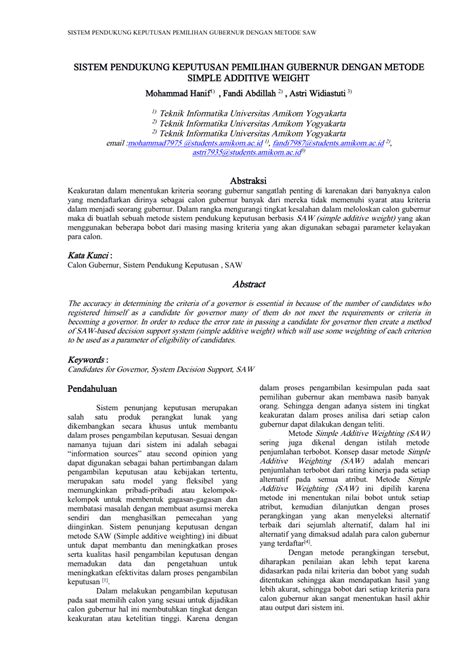 PDF Sistem Pendukung Keputusan Pemilihan Gubernur Dengan Metode Simple Additive Weight