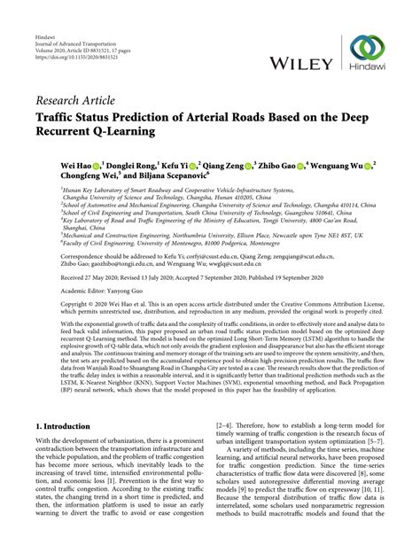 Pdf Traffic Status Prediction Of Arterial Roads Based On The Deep Recurrent Q Learning