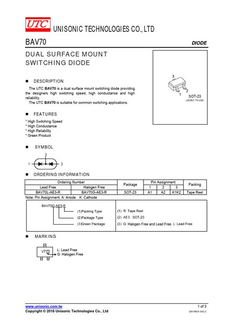 Bav70 Dual Surface Mount Switching Diode Utc