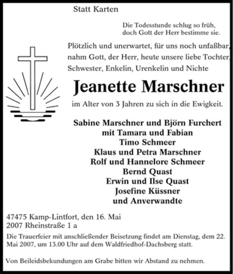 Traueranzeigen Von Jeanette Marschner Trauer In Nrw De