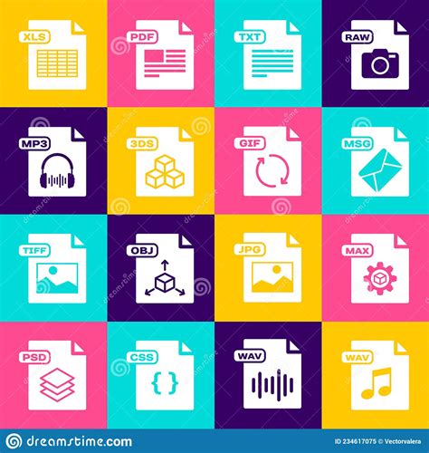 Set WAV File Document MAX MSG TXT DS MP XLS And Icon Vector Stock Vector
