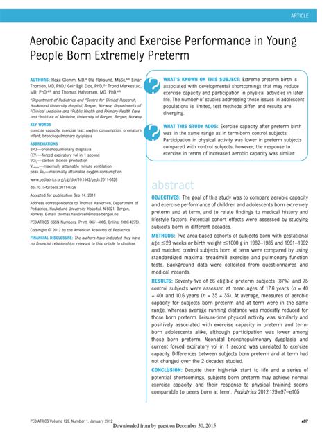 Pdf Aerobic Capacity And Exercise Performance In Young People Born Extremely Preterm