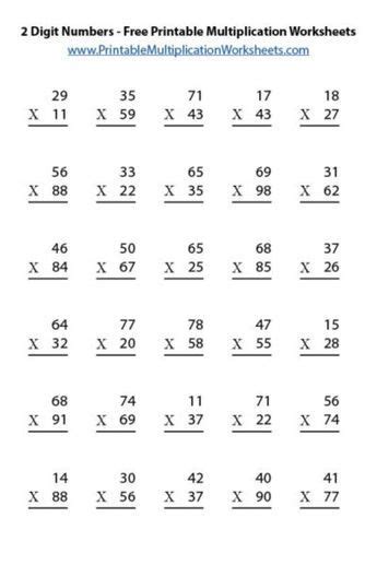Multiplication Math Worksheets Two Digit Numbers Addition Free