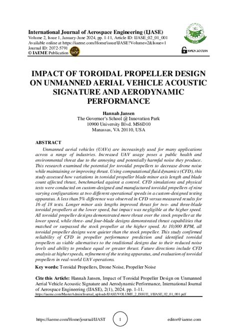 Pdf Impact Of Toroidal Propeller Design On Unmanned Aerial Vehicle Acoustic Signature And
