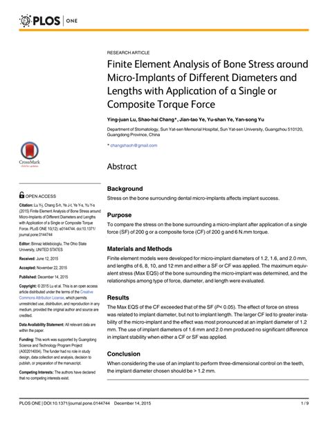 Pdf Finite Element Analysis Of Bone Stress Around Micro Implants Of Different Diameters And