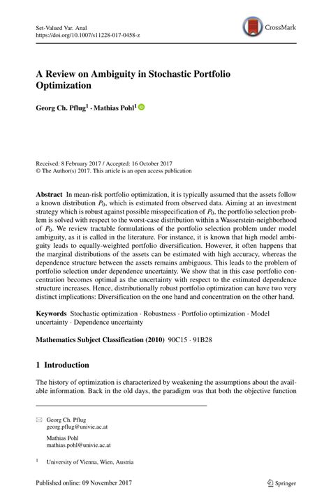 PDF A Review On Ambiguity In Stochastic Portfolio Optimization