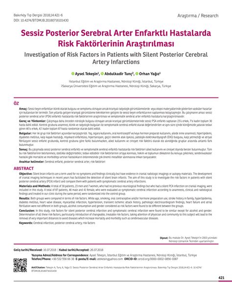 Pdf Investigation Of Risk Factors In Patients With Silent Posterior Cerebral Artery Infarctions