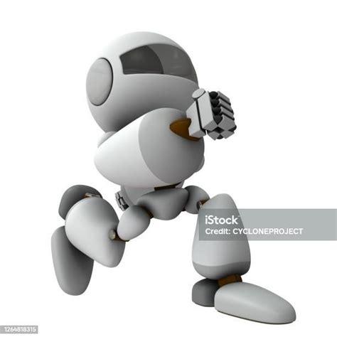 로봇이 몰래 빠져나온다 눈치채지 않고 조용히 걷습니다 흰색 배경입니다 3d 렌더링 3차원 형태에 대한 스톡 사진 및 기타 이미지