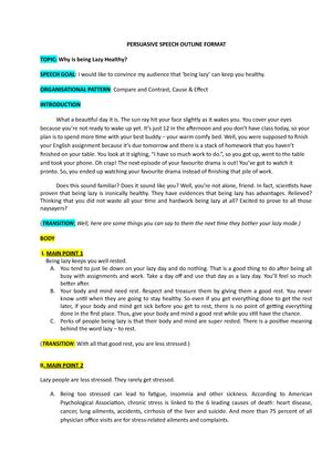 Speech Outline Problem Solution LMCE 2092 PERSUASIVE SPEECH OUTLINE PROBLEM SOLUTION Topic