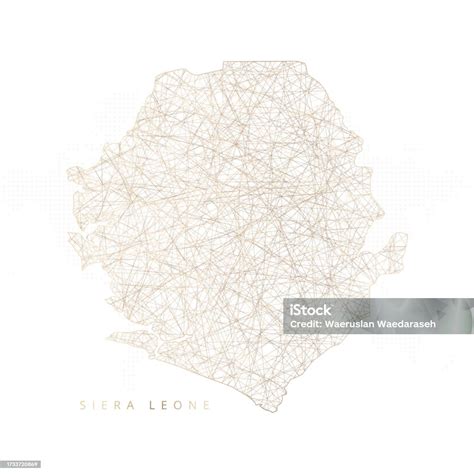 시에라리온의 로우 폴리 지도 금색 다각형 와이어프레임 흰색 배경에 금색 입자가 있는 반짝이는 벡터 0명에 대한 스톡 벡터 아트