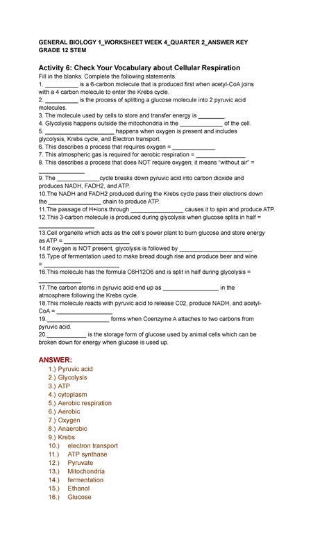 General Biology 1 Worksheet Week 4 Quarter 2 Answer Key Grade 12 Stem