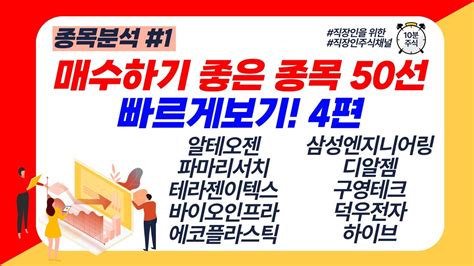 매수하기 좋은 종목 50선빠르게보기 4편 알테오젠 파마리서치 테라젠이텍스 바이오인프라 에코플라스틱 삼성엔지니어링 디알젬 구영테크 덕우전자 하이브 Youtube