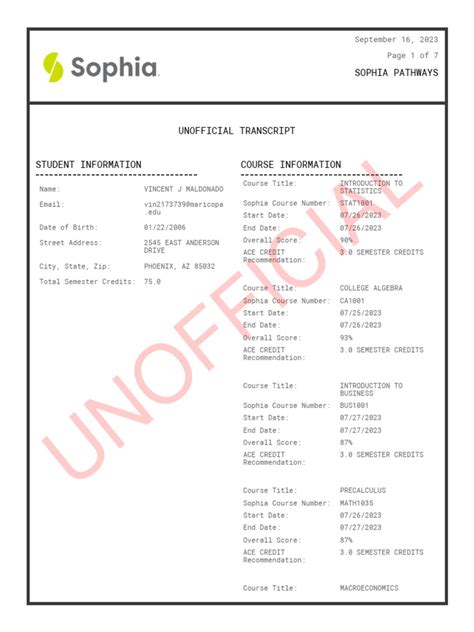 Sophia Transcripts Unofficial Pdf Science