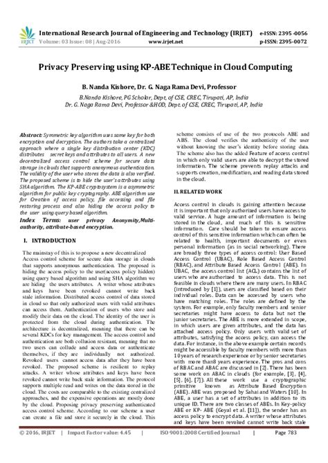 Pdf Privacy Preserving Using Kp Abe Technique In Cloud Computing Irjet Journal