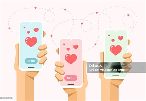 인간의 손에 스마트 폰 모형 전 세계의 소셜 미디어 커뮤니케이션 사랑 메시지 보내기 버튼 벡터 플랫 다채로운 기술 일러스트 낮에