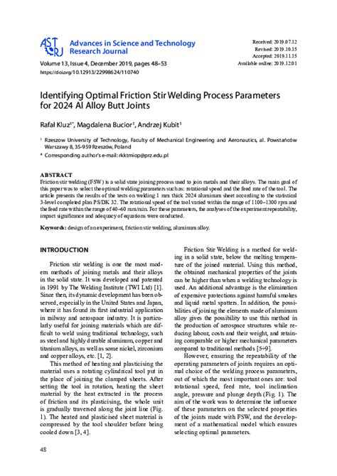 Pdf Identifying Optimal Friction Stir Welding Process Parameters For
