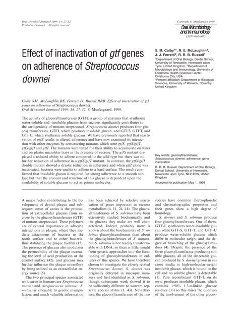 Pdf Effect Of Inactivation Of Gtf Genes On Adherence Of Streptococcus Downei