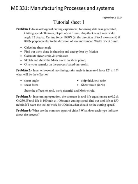 Tutorial Sheet 1 Manufacturing Pdf