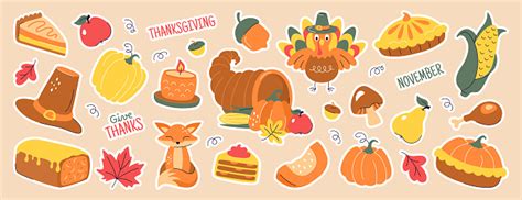 추수 감사절 스크랩북 스티커 추수 축제 낙서 귀여운 칠면조 가을 단풍 풍요로운 야채의 가을 아이콘 10월에 대한 스톡 벡터 아트 및 기타 이미지 Istock
