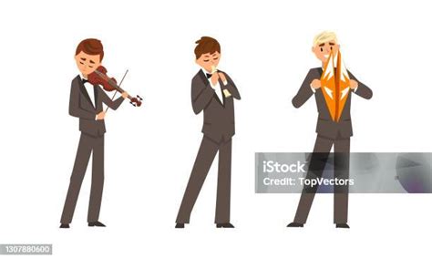 다양한 악기 벡터 세트를 연주 심포닉 오케스트라의 남성 음악가 Film Festival에 대한 스톡 벡터 아트 및 기타 이미지