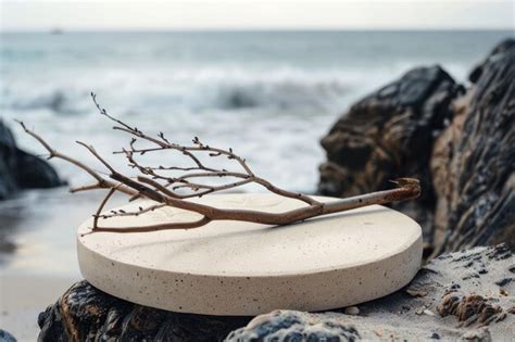 Empty Round Beige Platform Podium And Dry Tree Twig On The Beach