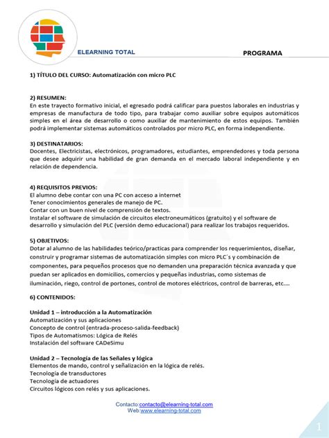 Programa Del Curso Automatización Con Micro Plc Pdf Controlador Lógico Programable