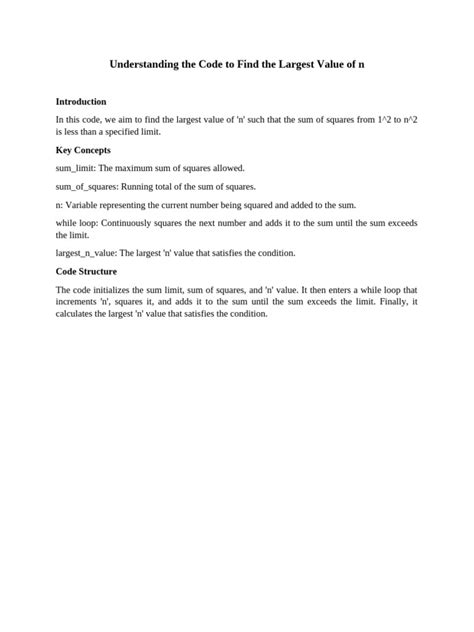 Understanding The Code To Find The Largest Value Of N Pdf Teaching