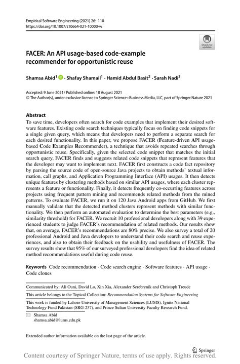 FACER An API Usage Based Code Example Recommender For Opportunistic Reuse Request PDF