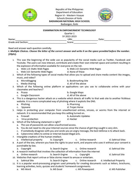 1st Summative Exam 2022 2023 Set A Pdf World Wide Web Internet And Web