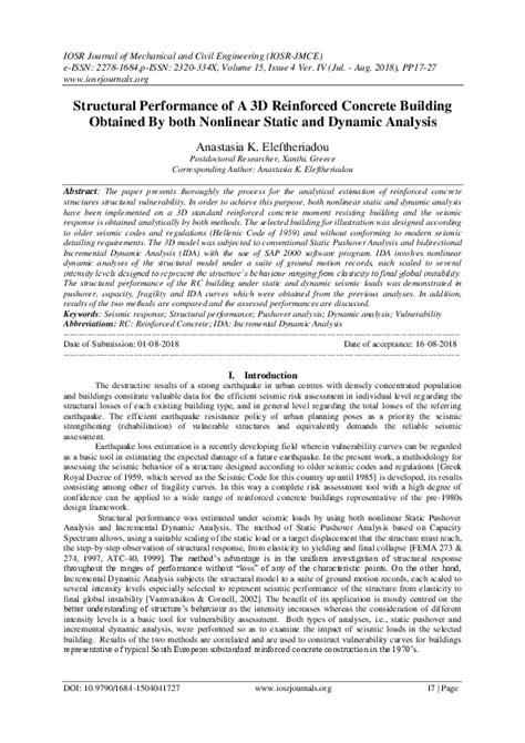 Pdf Structural Performance Of A 3d Reinforced Concrete Building Obtained By Both Nonlinear
