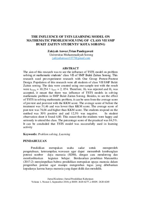 Pdf The Influence Of Tsts Learning Model On Mathematic Problem Solving Of Class Vii Smp Bukit