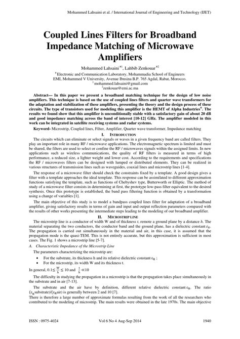 Pdf Coupled Lines Filters For Broadband Impedance Matching Of Microwave Amplifiers