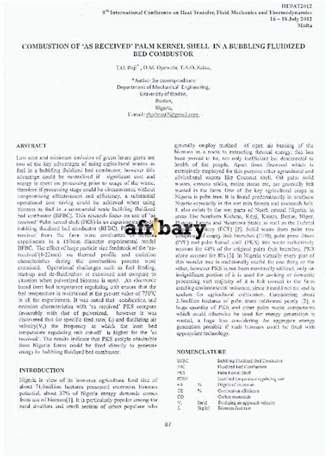 Combustion Of As Received Palm Kernel Shell In A Bubbling Fluidized Bed Combustor Afribary
