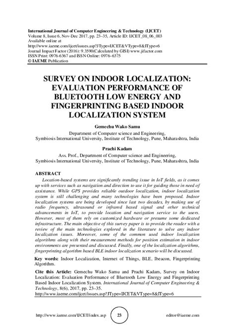 Pdf Survey On Indoor Localization Evaluation Performance Of Bluetooth Low Energy And