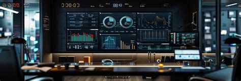 A Sleek And Modern Office Workspace With A Sophisticated Analytical Dashboard Displaying Charts